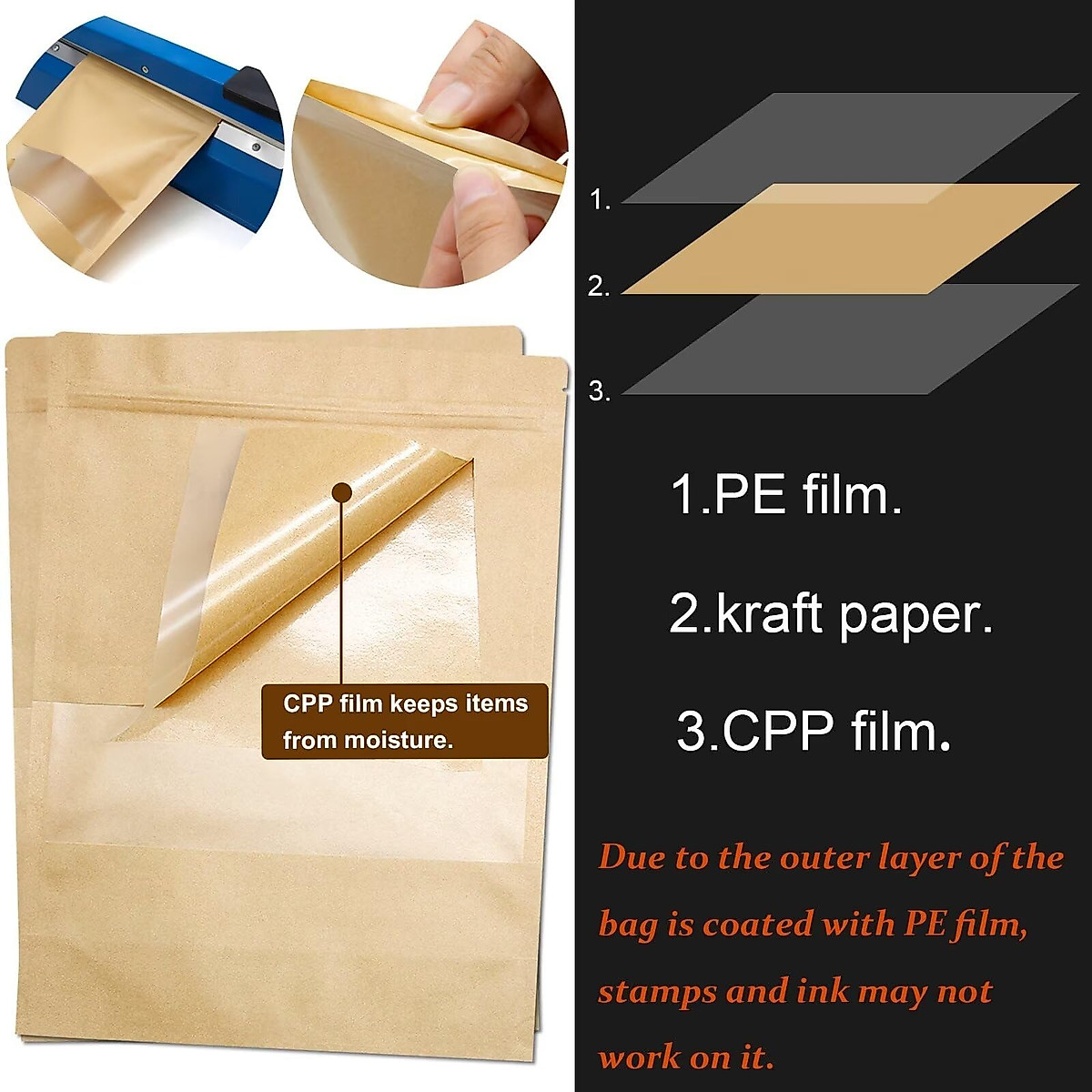 Blisstime Stand Up Pouch Bags, 50 Pack Kraft Pouch with Tear Notch and Matte Window, Heat sealable Zip Lock Food Storage Bag (3.5" X 5.5")