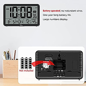 WallarGe Auto Set Digital Wall Clock Battery Operated, Desk Clocks with Temperature, Humidity and Date, Large Display Digital Calendar Alarm Clock for Elderly, Bedroom, Office, 8 Time Zone, Auto DST.
