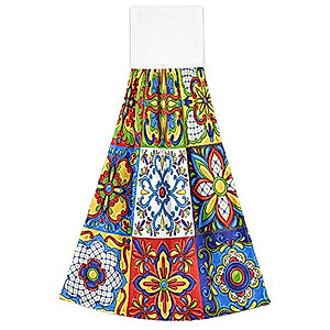 Qilmy Mexican Talavera Ceramic Tile Kitchen Towels, 2PCS Super Soft Absorbent Hanging Hang Towels or Dishcloths, Bathroom Hand Towels 12x17Inches