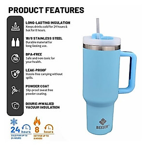 Bexsem - Stainless Steel Insulated Beer Coffee Mug Powder Coated 40oz | Tumblers with Handle | Travel-Friendly (Blue)
