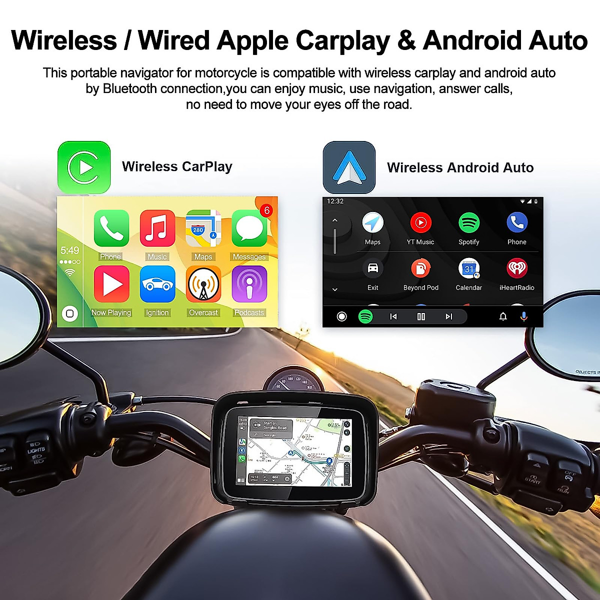 CAMECHO Portable Wireless Carplay Android Auto for Motorcycle, 5" IPS Touch Screen Portable Motorcycle Navigator IPX7 Waterproof, Dual Bluetooth, GPS Navigation for Most Motorbike, Siri