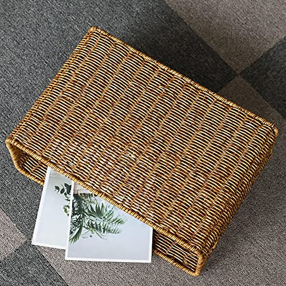 Bddalpke Hand-Woven Basket Plastic Rattan Sundries Storage Bins Japanese Style Finishing Basket for Closets Bedroom Magazine Newspaper Home Decor (Dark Brown)
