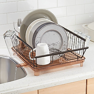 mDesign Large Modern Kitchen Countertop, Sink Dish Drying Rack - Removable Cutlery Tray and Drainboard with Adjustable Swivel Spout - 3 Pieces, Bronze/Brown Cutlery Caddy and Drainboard