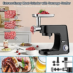 Stand Mixer, 6 IN 1 Multifunctional Electric Kitchen Mixer 660W 6 Speed with 7.4QT Stainless Steel Bowl, 1.5L Glass Jar, Meat Grinder, Dough Hook, Whisk, Beater, Sausage Kit, Food Mixer for Baking