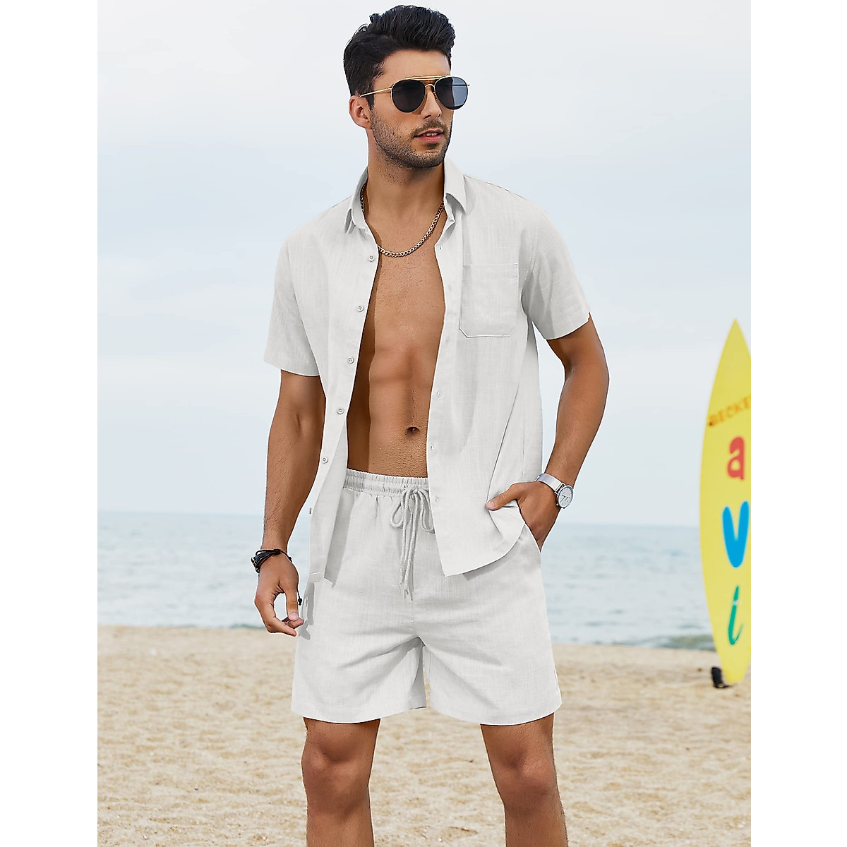 COOFANDY Men Casual Linen Shirt and Short Two Piece Drawstring Elastic Waist Short White