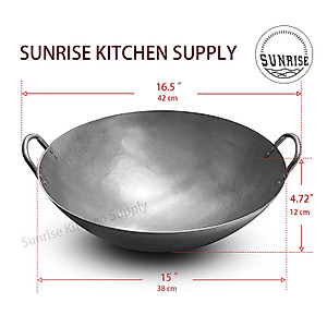 SUNRISE KITCHEN SUPPLY Heavy Duty Hong Kong Style Carbon Steel Wok (Round Bottom) 15"