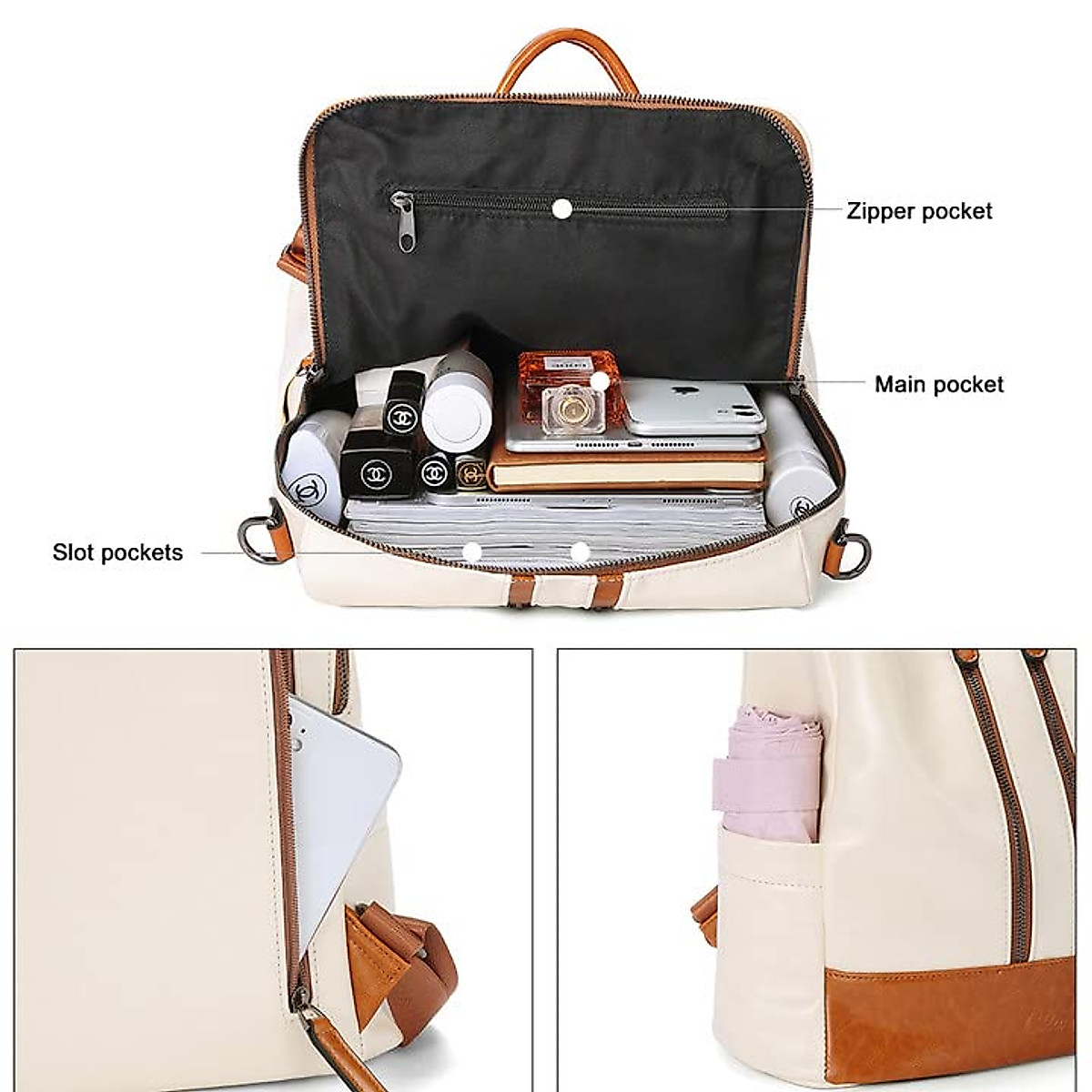 CLUCI Leather Backpack Purse for Women Covertible Travel Large Fashion Casual Lady Detachable Shoulder Bag Beige with Brown