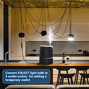 Feekoon 3 Outlet Light Socket Adapter, Convert E26/E27 Bulb Socket to 3 Prong Outlet with Extension Cord, Flexible Light Socket Converter Suitable for Indoor Outdoor Porch Garage Patio Use (Black)