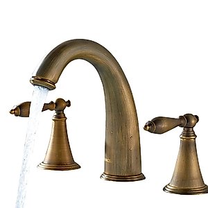 Mixer Tap Double Handle Bronze Solid Brass Sink Hot and Cold Water Tap 3-holes Full Copper Kitchen Basin Mixer Faucet Deck Mounted Bathroom Washbasin Tap Bath Bathtub Waterfall Faucet Set