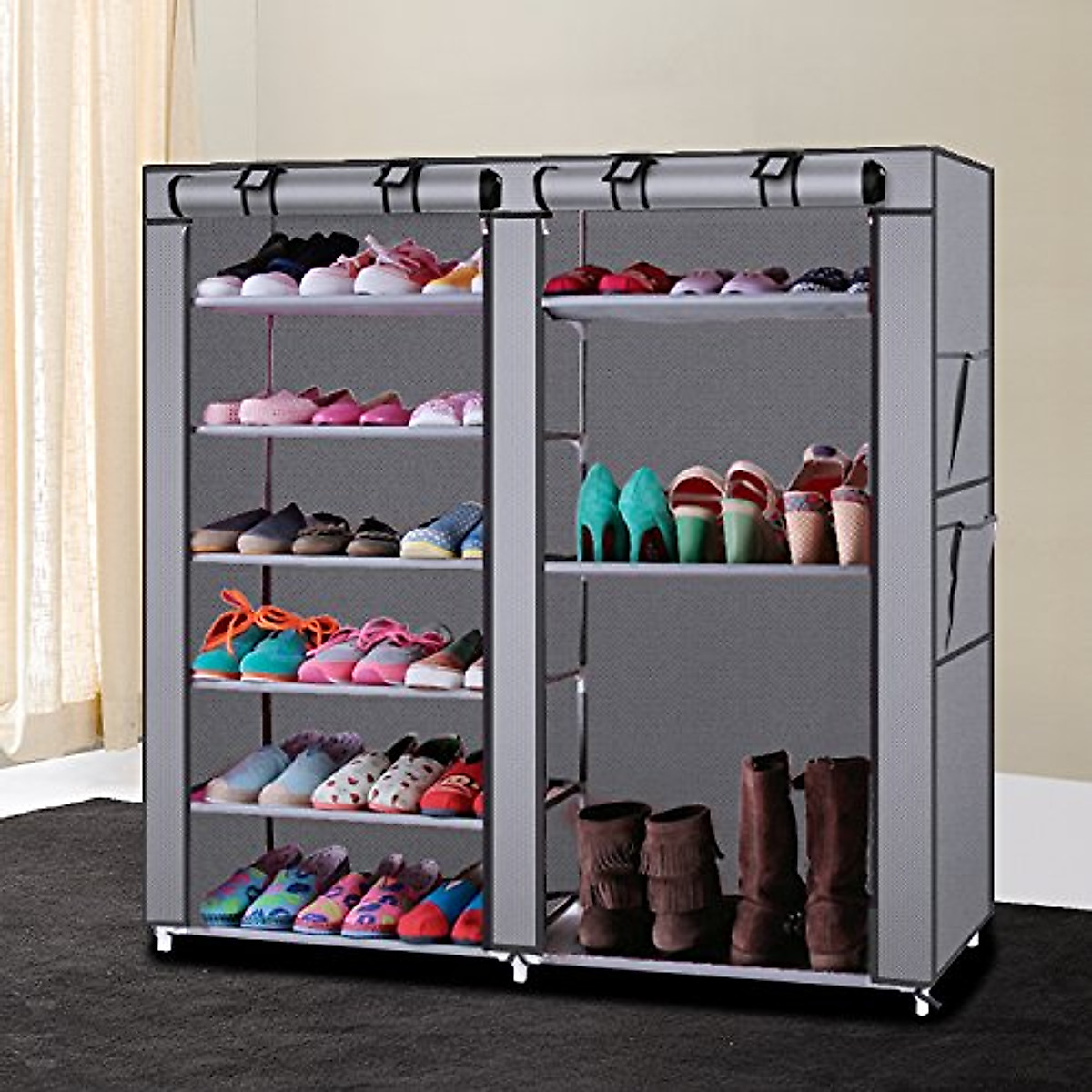 LeeMas Non Woven Fabric Shoe Rack with Cover Dustproof Shoerack Storage Organizer Fashionable Room-saving 6-Row 2-Line 12 Lattices - Dual Line, Gray