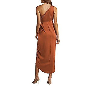 LYANER Women's One Shoulder Ruched Sleeveless Split Slit Wrap Hem Zipper Midi Dress Rust Brown Medium