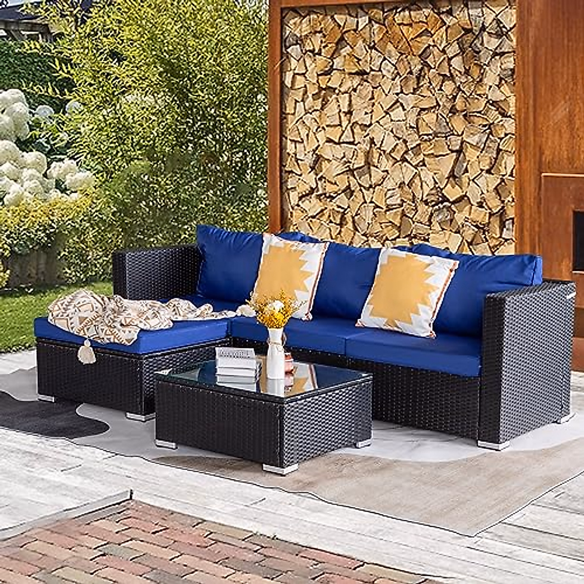 PAOLFOX 5 Piece Modern Patio Conversation Sets, Wicker Patio Furniture, Black/Blue