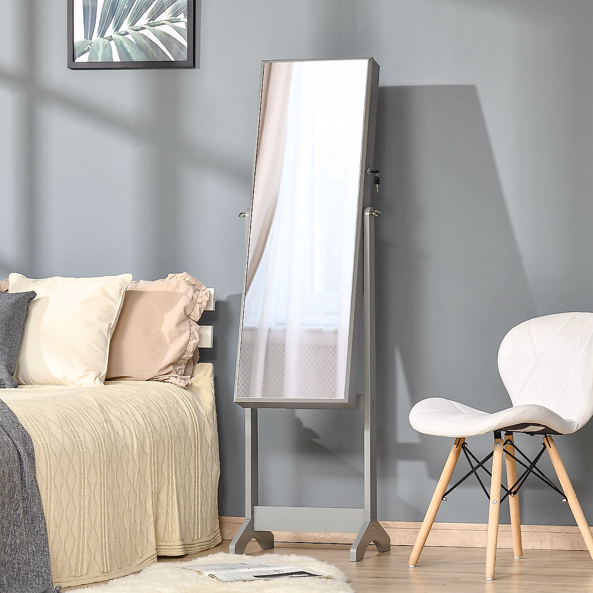 HOMCOM Floor Standing Jewelry Cabinet, Lockable Jewelry Organizer with Full-Length Mirror, and 3 Adjustable Angles, Grey