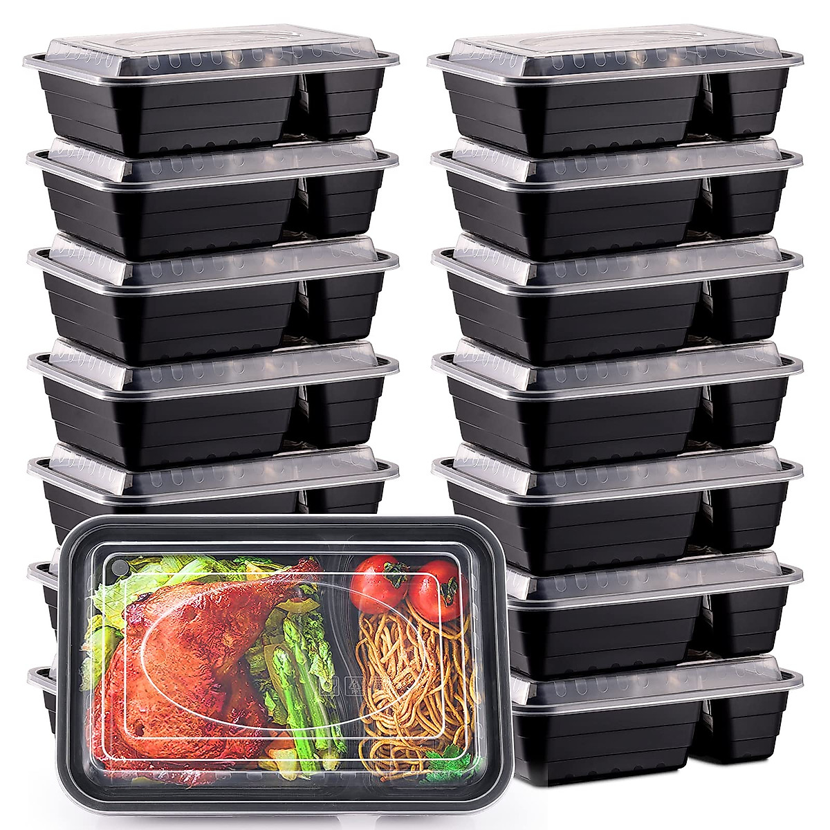 Kitch’nMore [38oz 30Pack Plastic Meal Prep Containers, 2 Compartment with Lids, Food Storage Container, Bento Box, Stackable, Microwave/Freezer/Dishwasher Safe, BPA Free