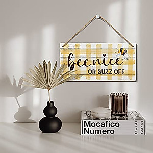 Bee Decor-Bee Nice or Buzz Off Sign 6x12 Inch |HD Pictures Wall Art Prints Farmhouse Decorative Hanging Wood Signs for Home Bathroom Living Room Office,Coffee Bar