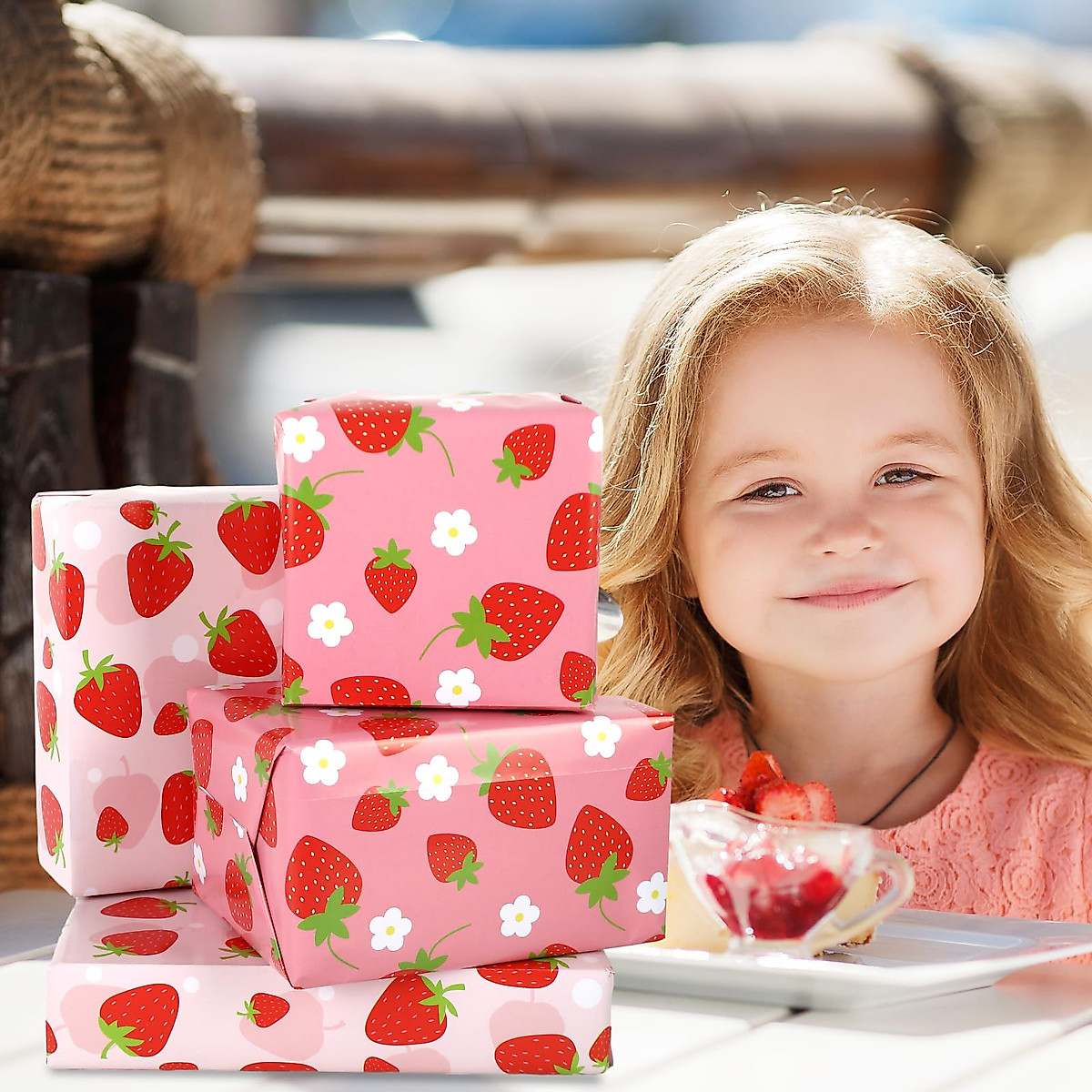 AnyDesign 8 Sheet Pink Strawberry Wrapping Paper -Not Roll- Spring Fruit Gift Wrap Paper Bulk Art Paper Folded Flat for DIY Crafts Birthday Baby Shower Party Favors Supplies, 19.7 x 27.6 Inch