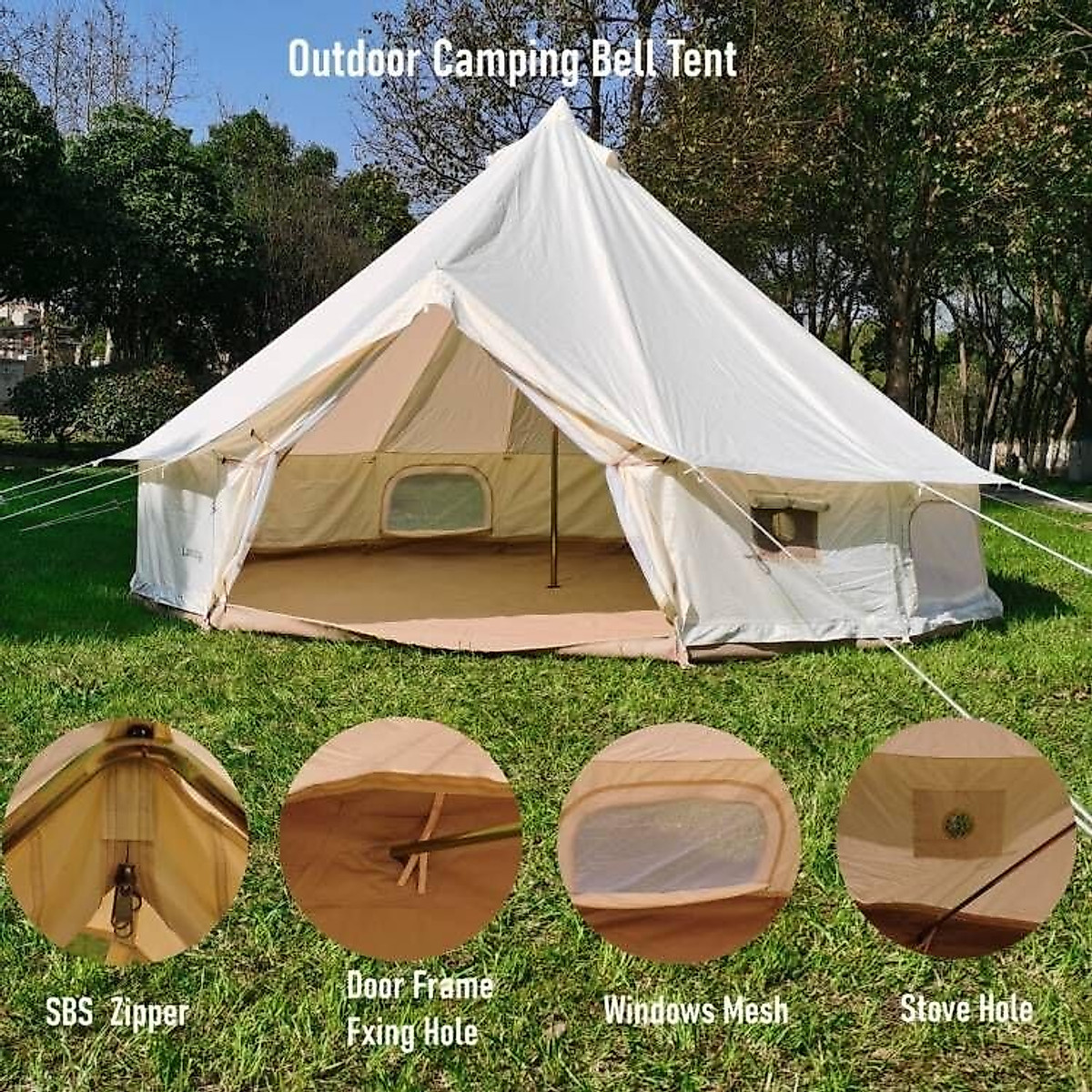 Outdoor Family Camping Safari Glamping Tent Waterproof Luxury 3/4/5/6M Yurt Bell Tent with Mesh Screen (Off White Oxford Tent, 4M Bell Tent)