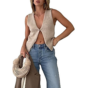 Women Crochet Knit Vest Solid Hollow Out Button Down V Neck Sleeveless Crop Tops Vintage Casual Versatile Streetwear