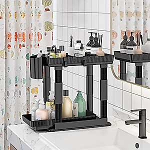 Expandable Under Sink Organizer and Storage 2 Pack, 2 Tier Pull Out Sliding Under Bathroom Cabinet Storage Organizers with Hanging Cups for Bathroom, Kitchen Multi-Purpose, Adjustable Height & Width