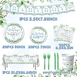 Greenery Baby Shower Tableware Set,Watercolor Blue Boy Baby Shower A Sweet Boy Is On His Way Plates and Napkins Sets Include Plates Napkins Cups Tablecloth for Boy Baby Shower Gender Reveal Supplies