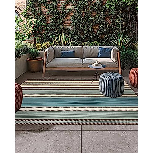 MUENINELE Outdoor Rugs, Bohemian Stripe Boho Vintage Farmhouse Style Teal Brown Beige Absorption Non-Slip Backing Area Rugs and Floor Mats for Yard, Garden, Porch, Indoor, 4x6 ft