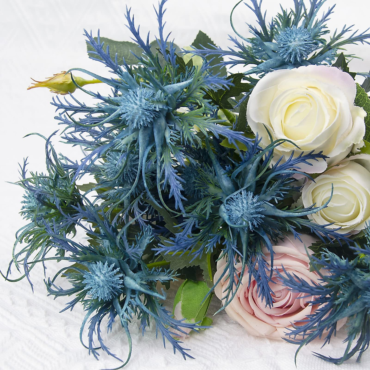 LUZOGA 3 Branch Blue Artificial Thistle Flower Bouquet for Home Wedding Centerpiece Kitchen Office Garden Decor