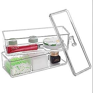 ROYALITA 2-Pack Qtip Holder Dispenser, Clear Acrylic Display Case with Lid, Stackable Storage Desk Organizer for Cotton Swab, Cotton Ball, Make Up Pads, Makeup Brush