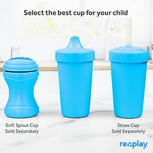 Re-Play Made in USA 10 Oz. Sippy Cups for Toddlers, Set of 3 - Reusable Spill Proof Cups for Kids, Dishwasher/Microwave Safe - Hard Spout Sippy Cups for Toddlers 3.13" x 6.25", A True Blue