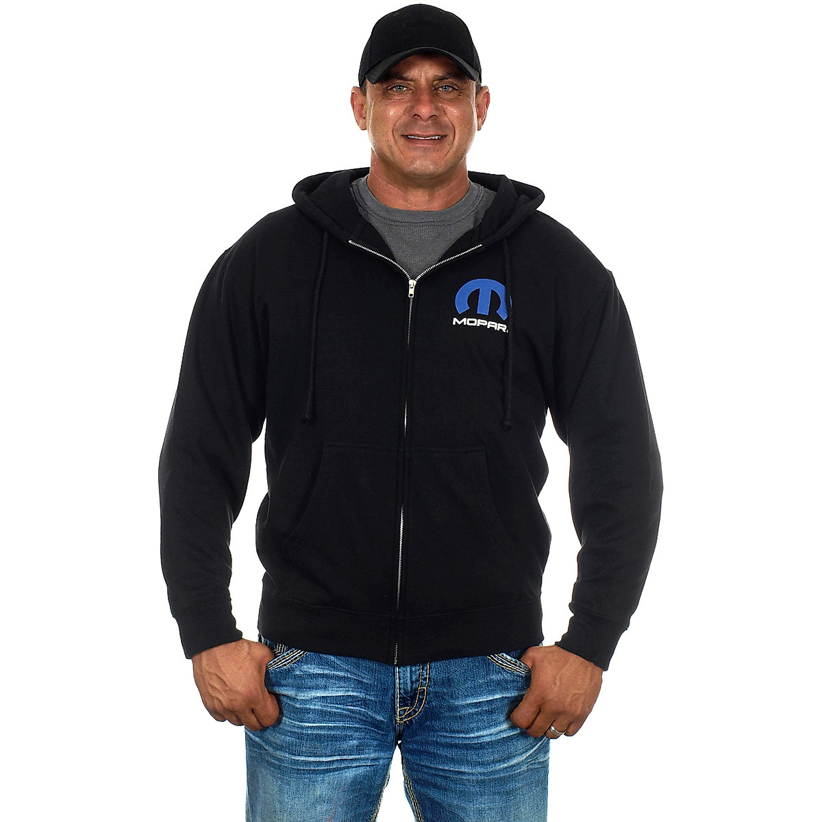 JH DESIGN GROUP Men's Mopar Logo Hoodie Full Zip Up Black Hooded Sweatshirt (medium, AP22-black)