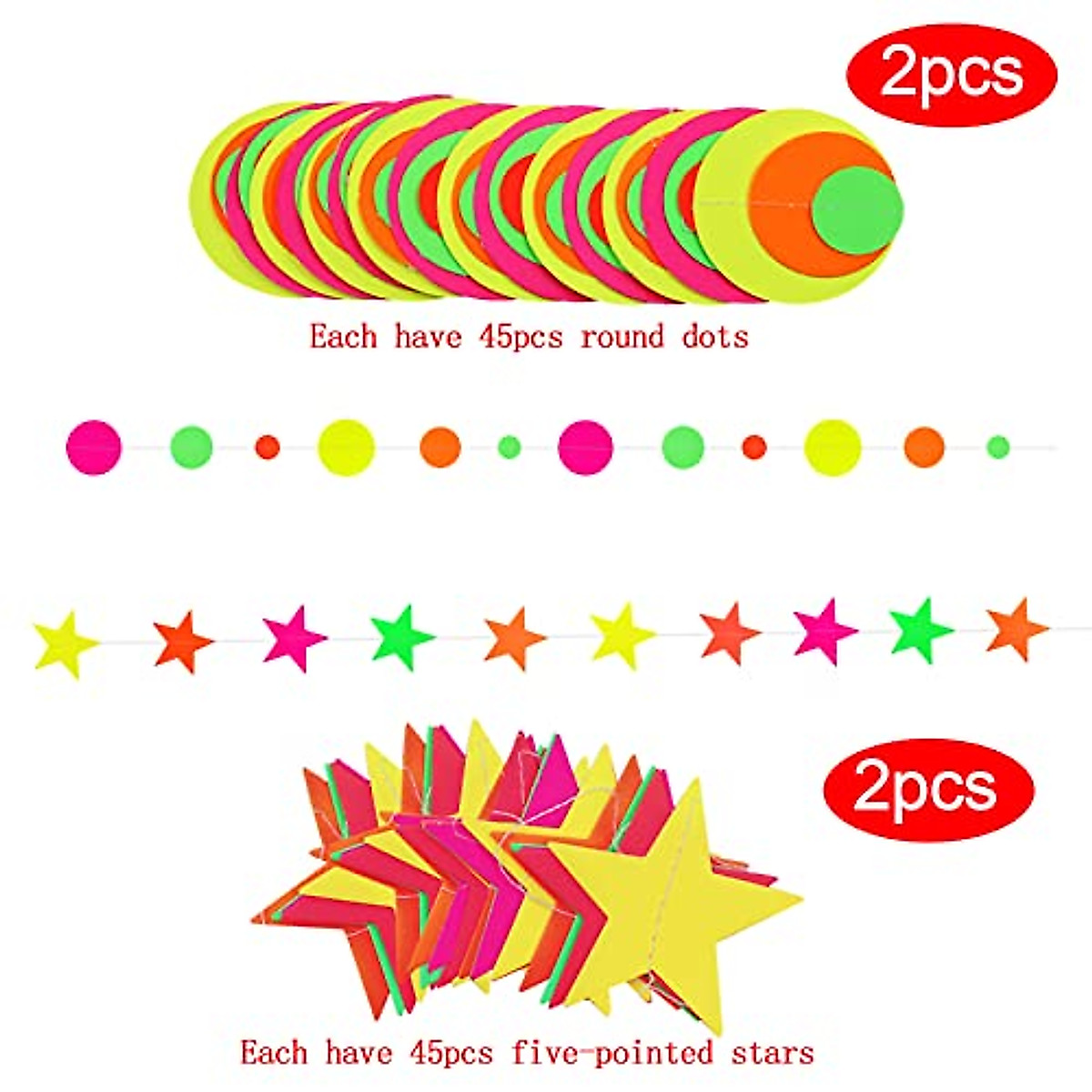 60Ft Neon Paper Garlands Circle Dots Stars Hanging Decorations Neon Party Supplies Set Glow in The Dark Party Supplies for Birthday Wedding Glow Party Decorations