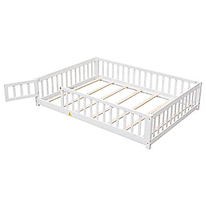Full Floor Bed for Kids, Montessori Bed Frame with Fence-Shaped Guardrails, Support Slats and Door, Wood Floor Full Bed for Kids,Toddler,Boys Girls, No Box Spring Needed(White, Full Bed Frame)