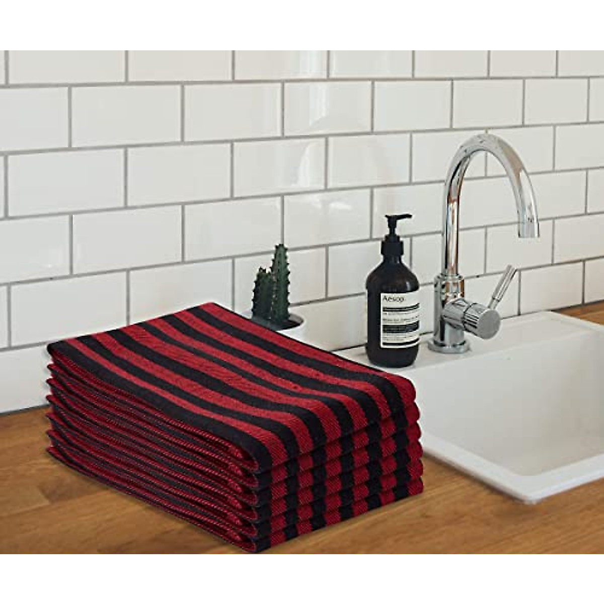 6 Pack Red Cotton Dish Towels - 16 X 27 Inch - Kitchen Towel Linen - Classic Farmhouse Dish Towels - Cotton Tea Towels - Black Striped Dish Towels - Striped Cotton Towels, Reusable, Red & Black