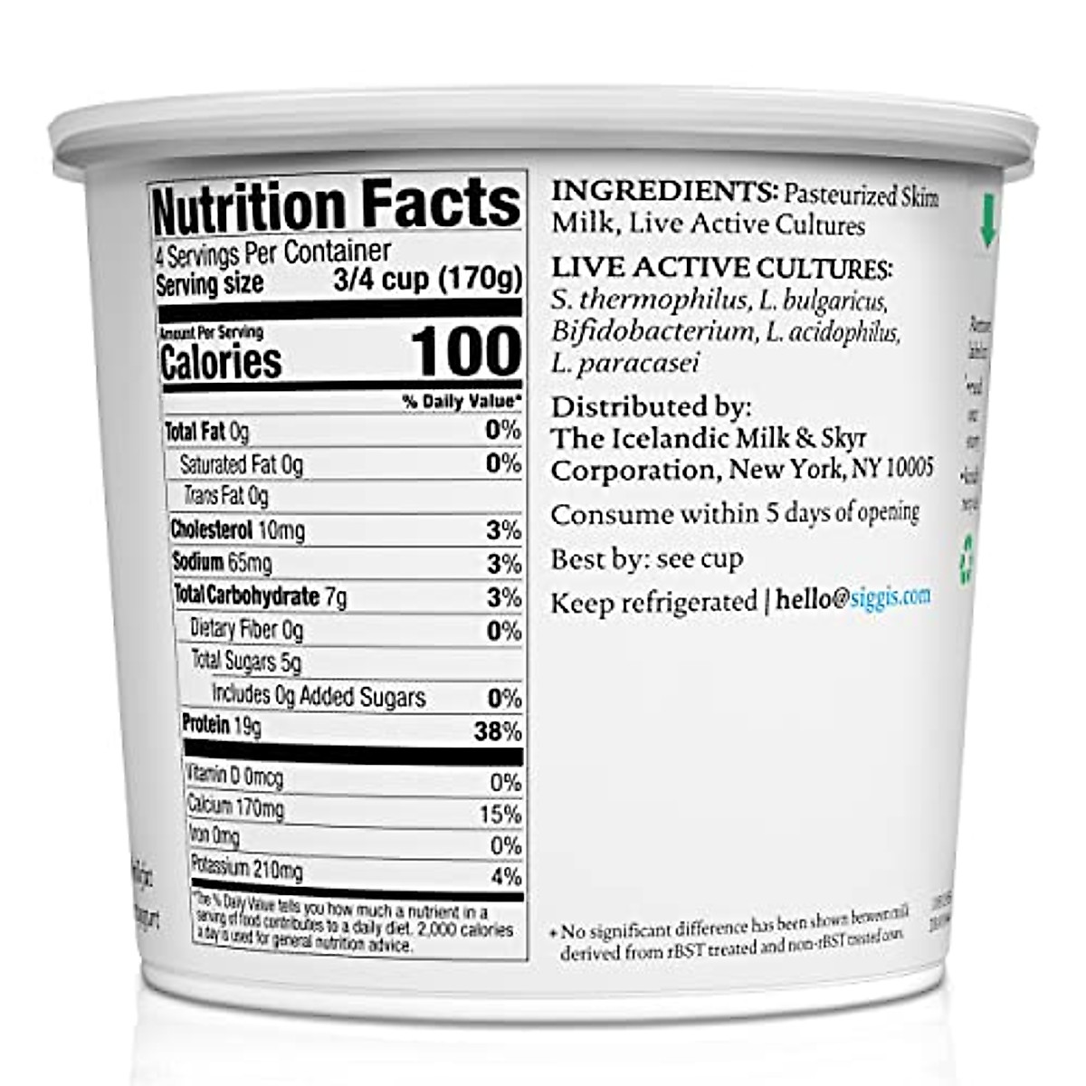 siggi's® Icelandic Strained Nonfat Yogurt, Plain, 24 oz. Multiserving Container – Thick, Protein-Rich Yogurt Snack