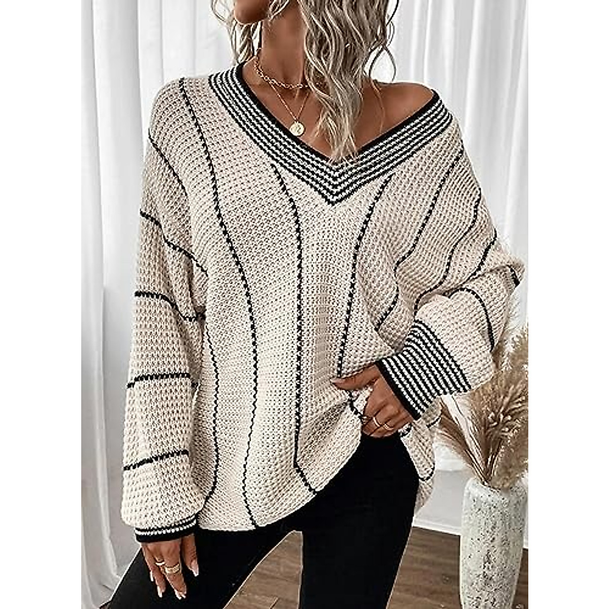 Dokotoo Womens Oversized Long Sleeve Sweaters Winter Trendy V Neck Striped Sweater Fashion Long White Sweaters for Women X-Large