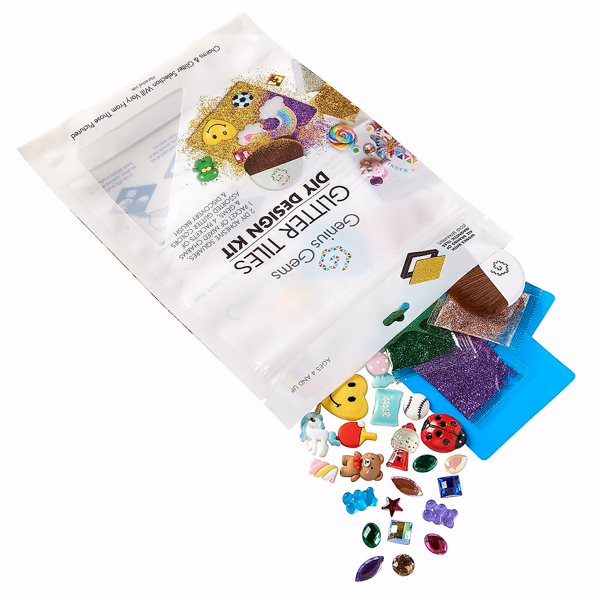 Genius Gems Glitter Tiles DIY Design Kit - Includes 2 Adhesive Squares, 1 Packet of Mixed Charms, Glitters, and Brush - Sticks to Magnetic Tiles!