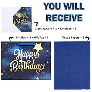 WRAPAHOLIC 13" Large Gift Bag with Card and Tissue Paper - Navy Star Gold Foil Happy Birthday