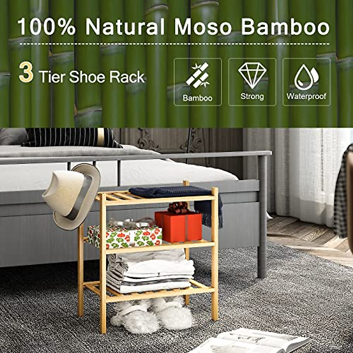 Furshus 3-Tier Small Shoe Rack for Entryway, Stackable | Heavy Duty | Multi-Function, Bamboo Free Standing Shoe Racks for Bedroom Hallway Closet