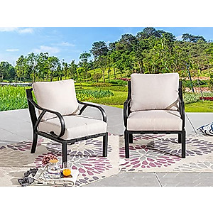 LOKATSE HOME 2 Piece Patio Dining Chairs Modern Wrought Iron Armchairs Outdoor Bistro Club Set Cushioned Furniture for Lawn Garden Balcony Poolside, Beige