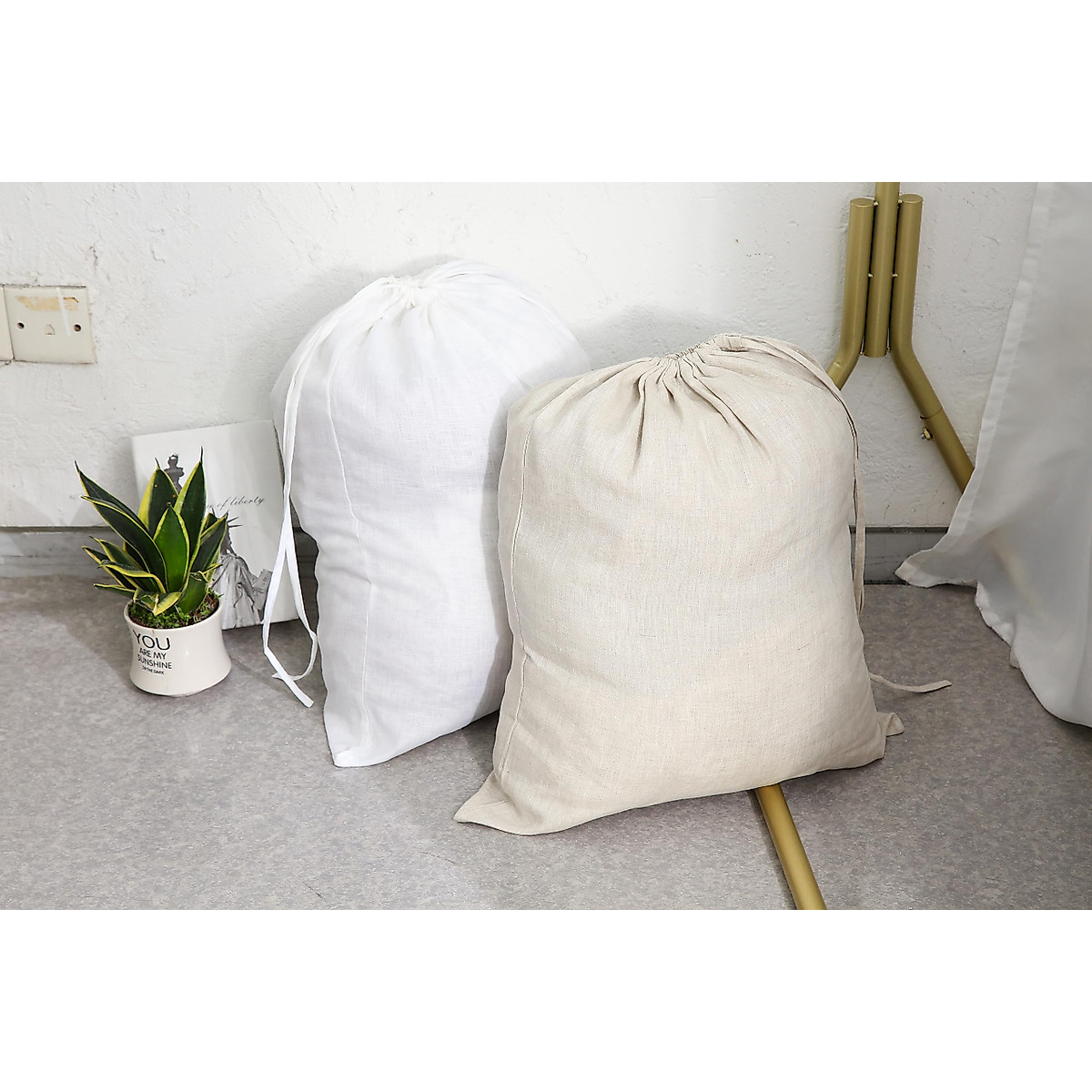 Amazhiyu Pure Linen Washable Drawstring Laundry Hamper Bag Dirty Clothes Storage for College Dorm or Travel Yellow