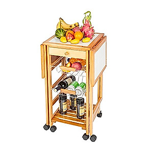 Kepooman Kitchen Dining Cart Wood Portable Folding Rolling Drop Leaf Kitchen Island Storage Trolley Cart Shelves w/Drawers,Rack,Fruit Baskets,Brown