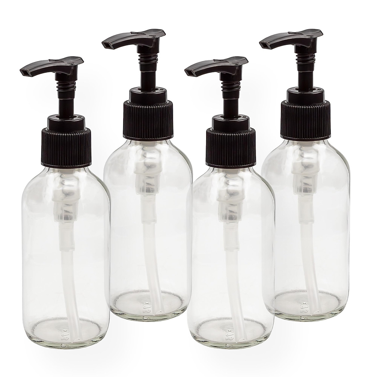 Cornucopia Brands 4oz Clear Glass Pump Bottles (4 Pack); Refillable Glass Containers w/Black Plastic Soap/Lotion Pump Dispensers