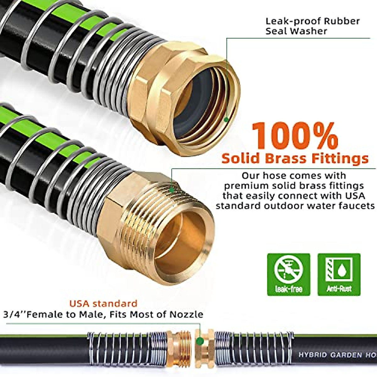 Hybrid Garden Hose 100 ft x 5/8 in Heavy Duty Water Hoses –All New 2023 Upgraded Flexible&Lightweight Car Washing Pipe – Burst 600 psi,Kink-free Rubber Hose for Backyard, 3/4'' Solid Brass Fittings