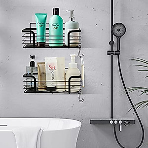 Sykit Adhesive Shower Caddy with 4 Hooks,No Drilling Adhesive Wall Mounted Rustproof Stainless Steel Shower Shelf,SUS304 Stainless Steel Bathroom Organization for Bathroom, Toilet, Kitchen (Black)