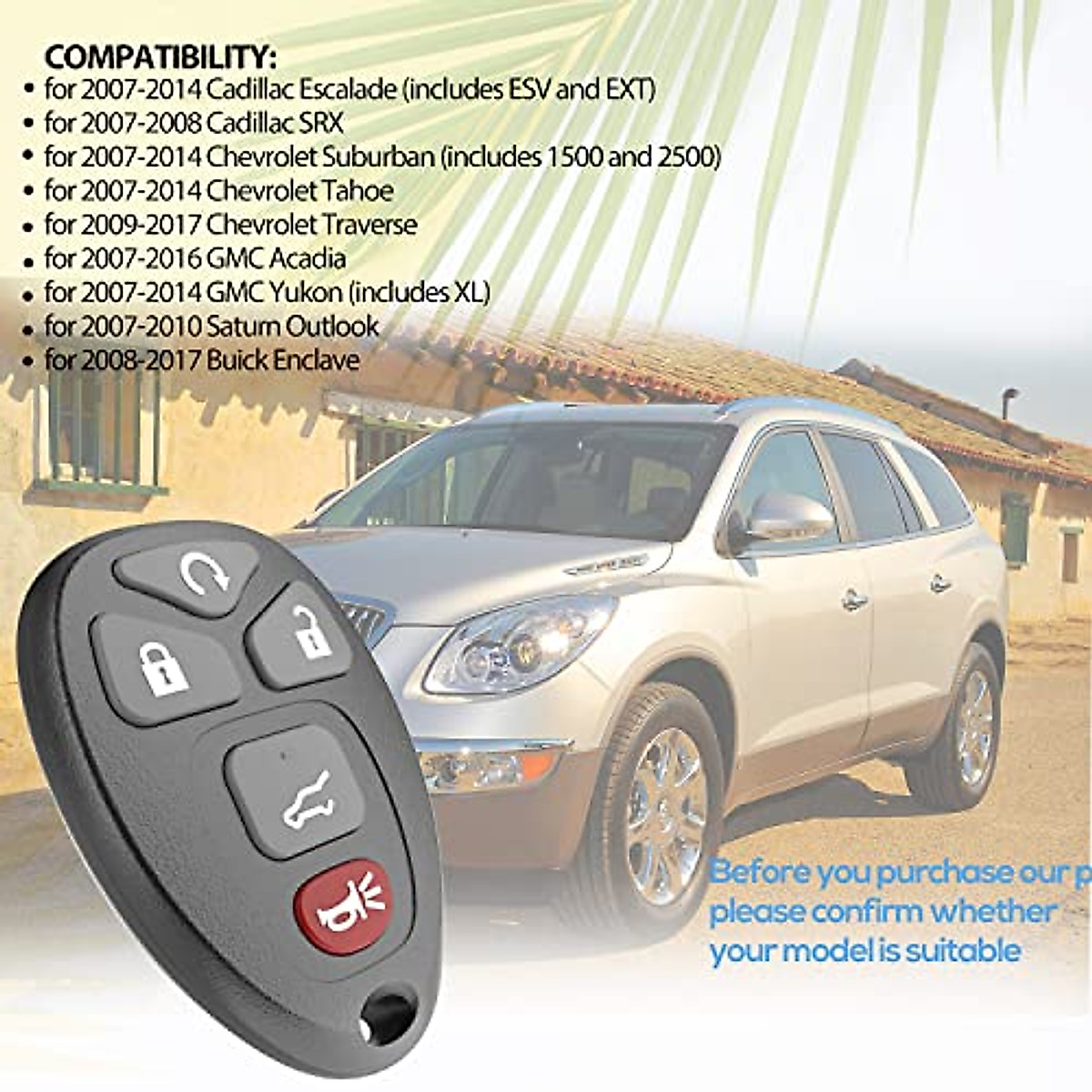 Replacement Fits for Chevy Suburban Tahoe Traverse 2007 2008 2009 2010 2011 2012 2013| Cadillac Escalade 2007-2010| Buick Enclave 2008-2017 Car Keyless Entry Remote Fob Self-Programming (Pack of 2)