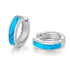 Airmoly Sterling Silver Plated Small Hoop Earrings for Women Men Huggie Earrings Turquoise Gemstone Earrings Hypoallergenic Earrings for Sensitive Ears