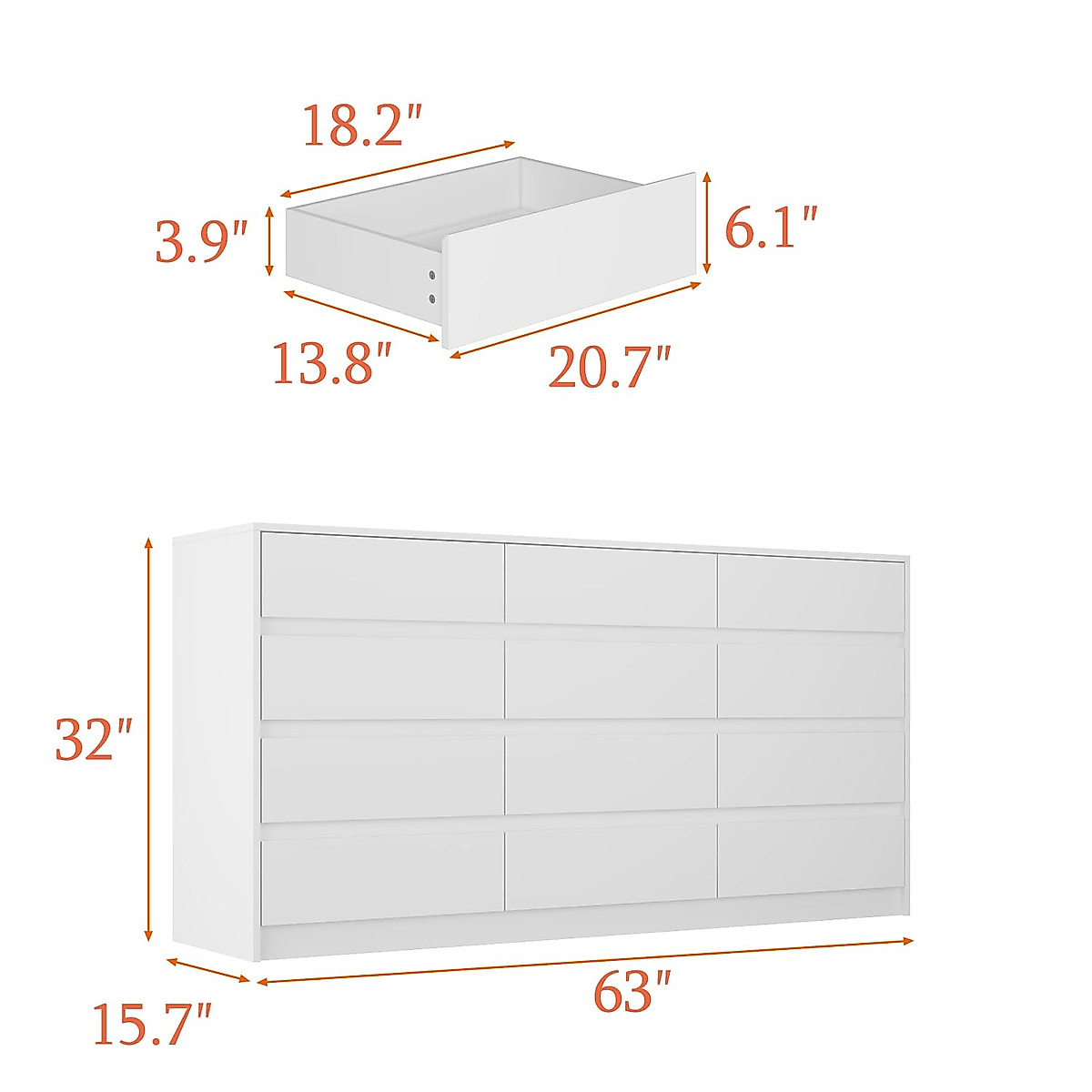 ROMSHINE 12 Drawer Double Dresser, Modern Chest of Drawers with 12 Deep Drawers, 63" Wide Wooden Storage Cabinet Organizer, Easy Pull Drawer Dresser for Bedroom Living Room, White Dresser