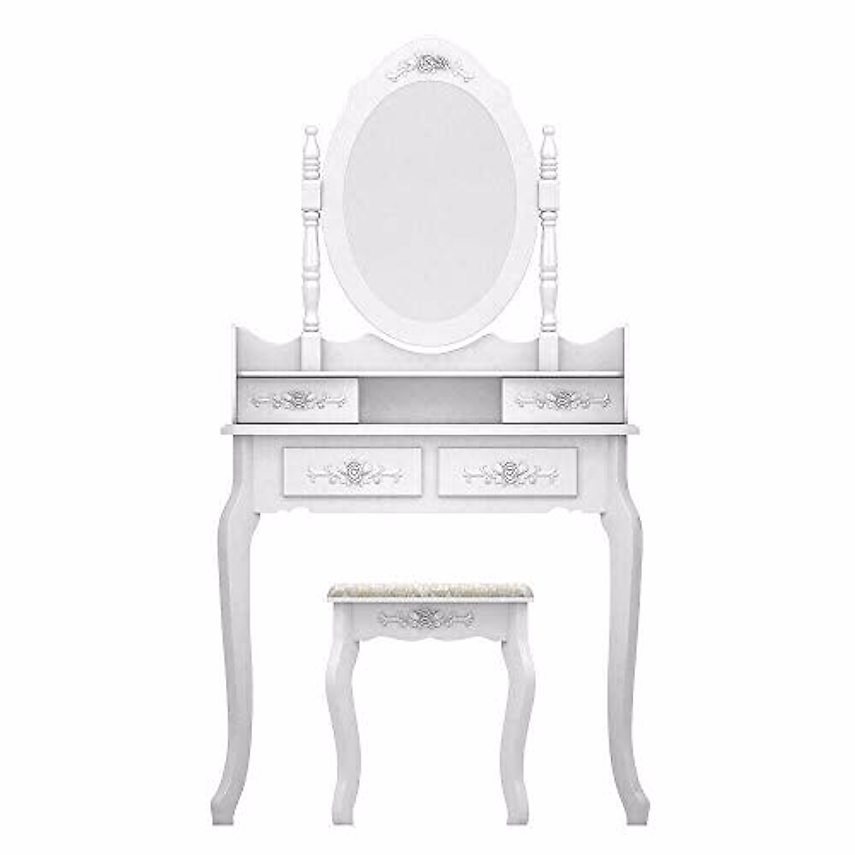 White Vanity Jewelry Makeup Dressing Table Set W/Stool 4 Drawer Mirror Wood Desk