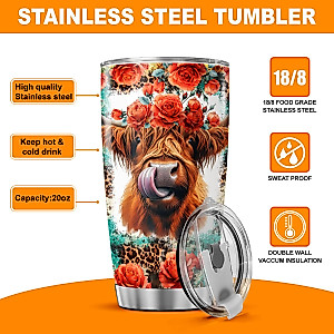 Salty Heifer, Tumbler 20 Oz With Lid And Straw, Leopard Print Flower Floral, Highland Cow Gifts