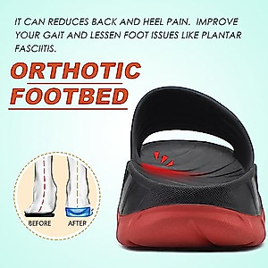 KuaiLu Mens Recovery Walking Sandals Sport Comfort Cushion Athletic Slides Orthotic Plantar Fasciitis Open Toe Slip On Wide Width Thick Foam Sandles Summer Pool Beach Slippers Black Red Size 10