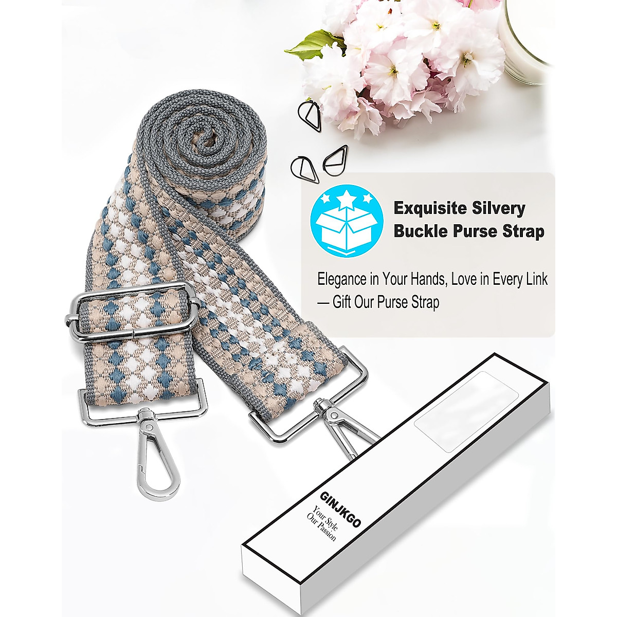 GINJKGO Purse Straps Silver Hardware - Women's Crossbody Handbags Bag Straps Replacement Crossbody for Tote, Guitar Strap for Purse